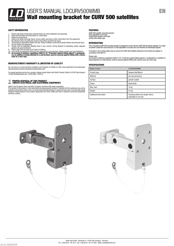 LD Systems CURV 500 WMB W Wall Mounting Bracket for CURV 500 Satellites ...